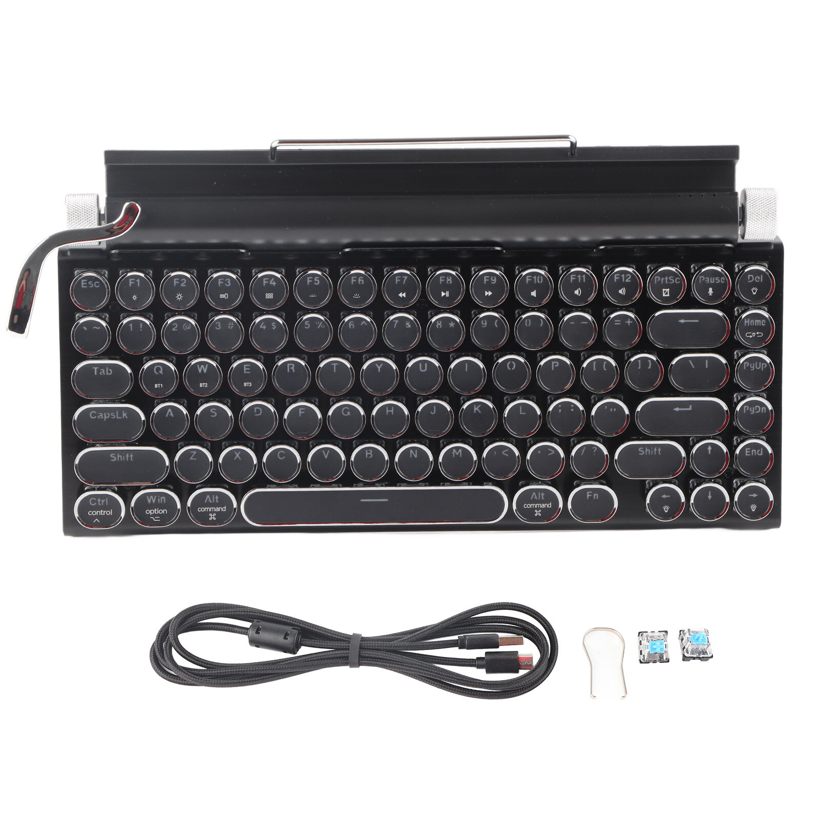 Typewriter Keyboard 83 Keys Vintage Wireless Bluetooth Mechanical with Metal Round Cap Black