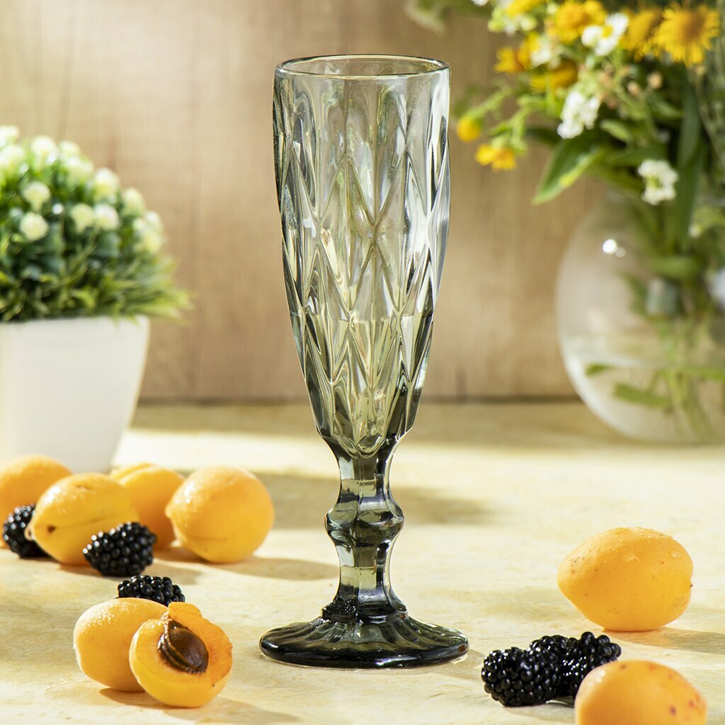 Бокал для шампанского Малахит 230 мл, рельефное стекло, форма флютте, коллекция Графит I.K, подарок женщине, Y4-3052