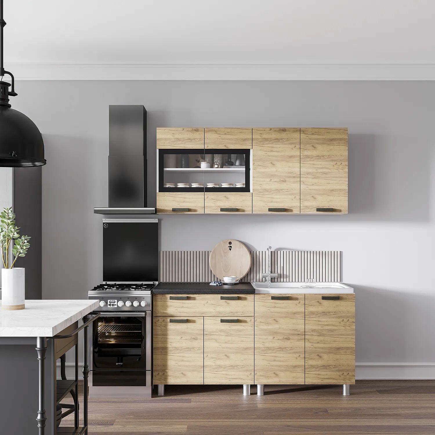 Кухня "Крафт" 1,6 м Крафт/Черный янтарь (БТС)