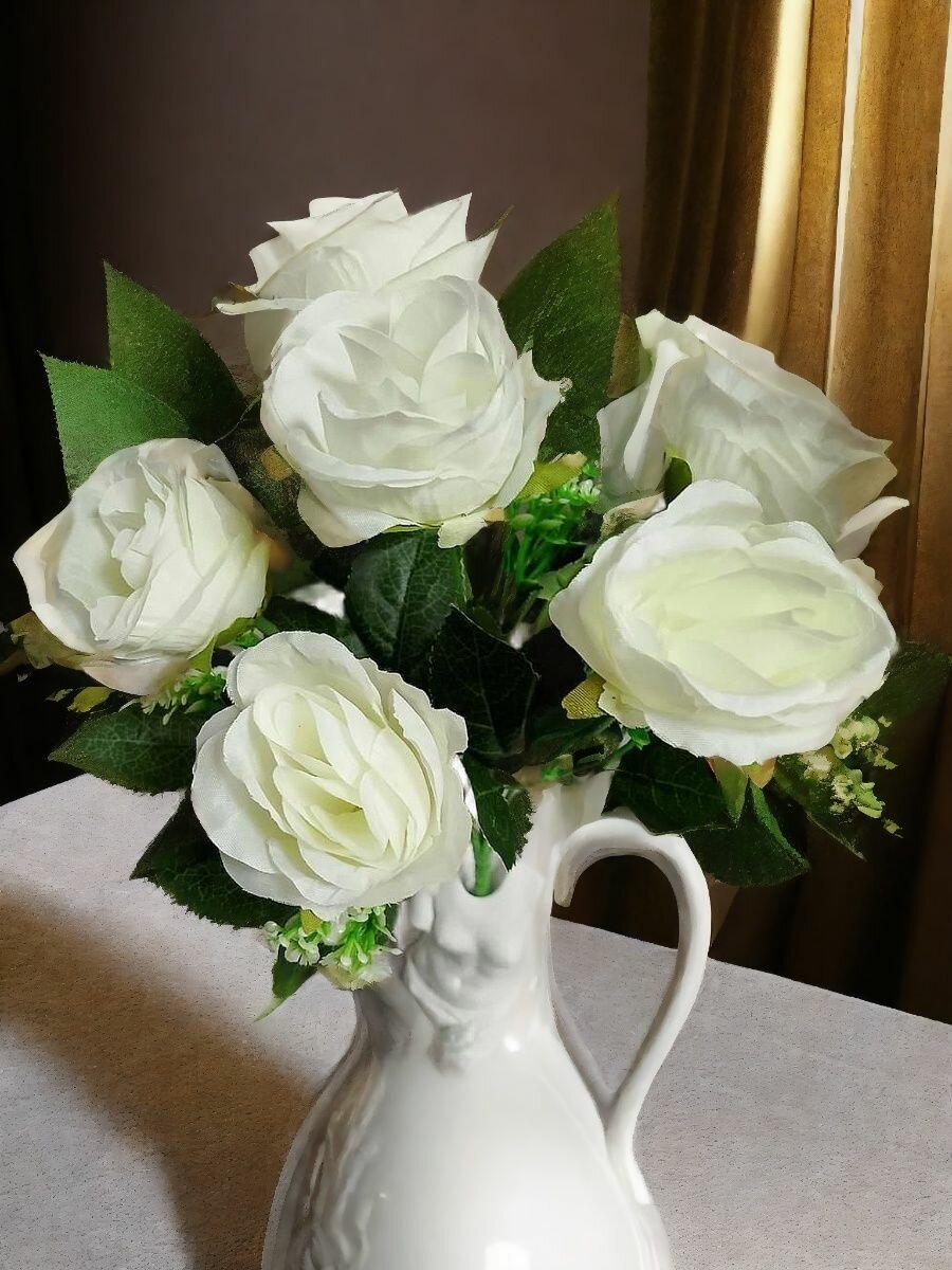 Искусственные цветы Букет роз 35 см, Цвет белый. Для интерьера, кладбища.