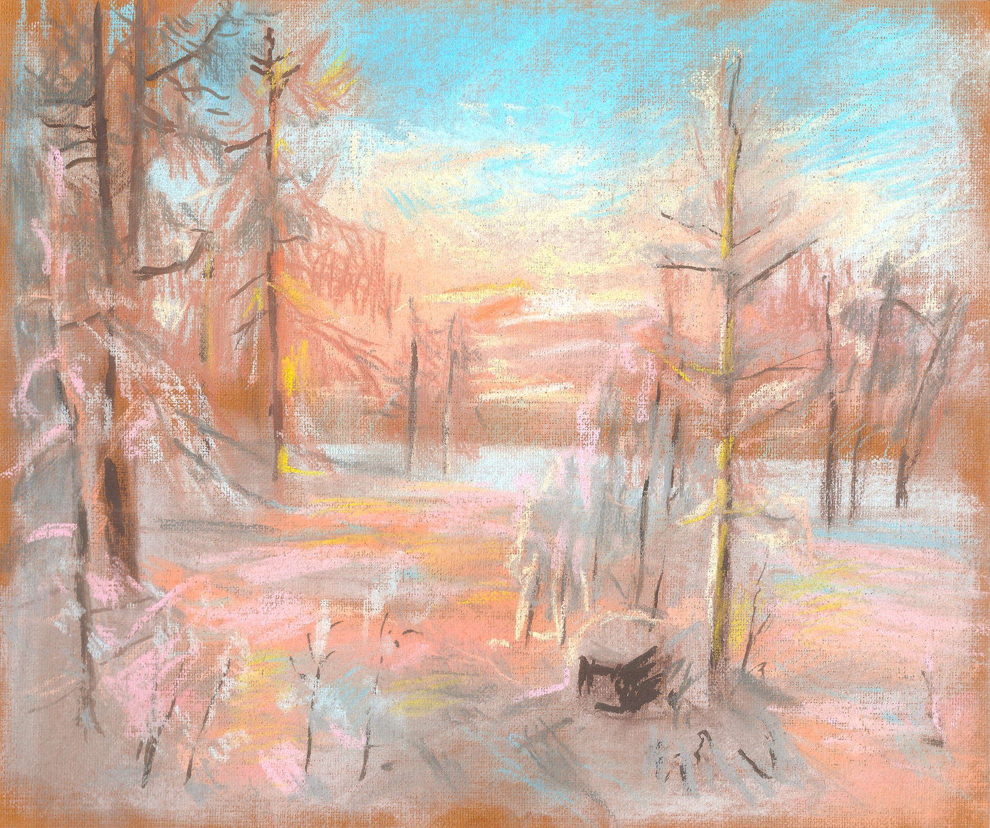 Рисунок сухой пастелью "Новогодний закат"