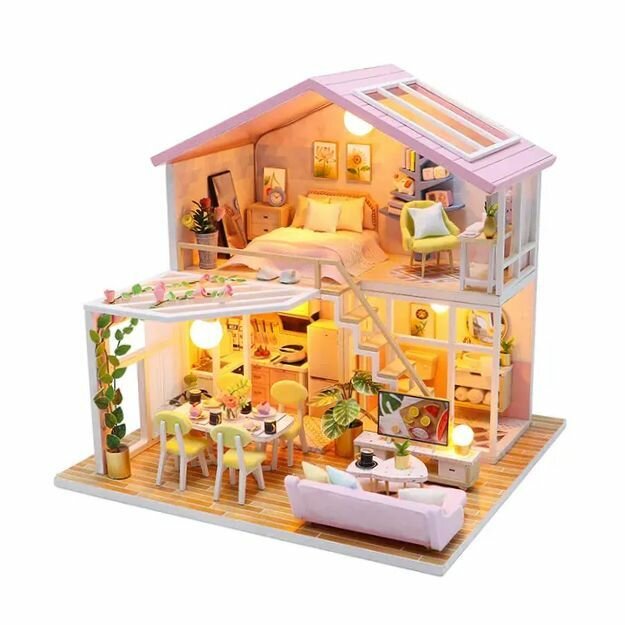 Румбокс DIY. Подарочный интерьерный конструктор Hongda "Дом на улице Роз", сборная модель дома со светом и куполом.