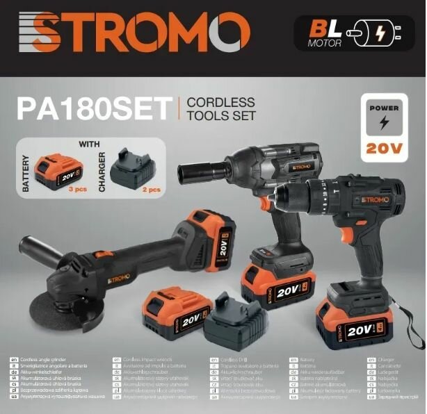 Набор аккумуляторного инструмента Stromo PA180SET (болгарка, гайковерт, шурик, 3 АКБ, 2 ЗУ)