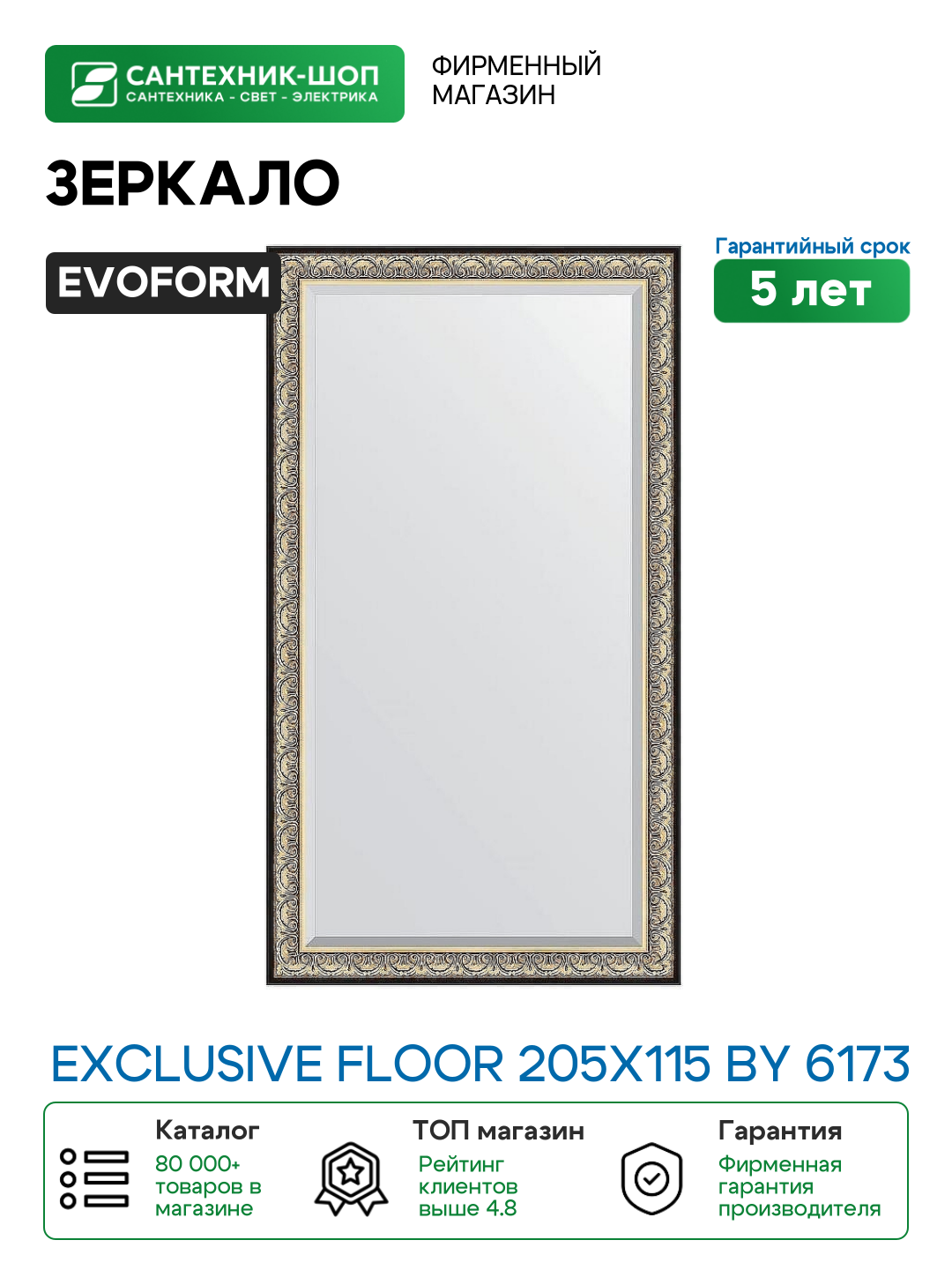 Зеркало Evoform Exclusive Floor 205х115 BY 6173 с фацетом в багетной раме - Барокко золото 106 мм стекло