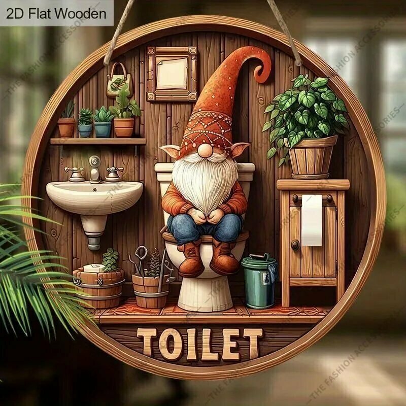 Деревянная табличка для ванной комнаты - Двухмерная шляпа с плоским рисунком и Карликовым декоративным знаком