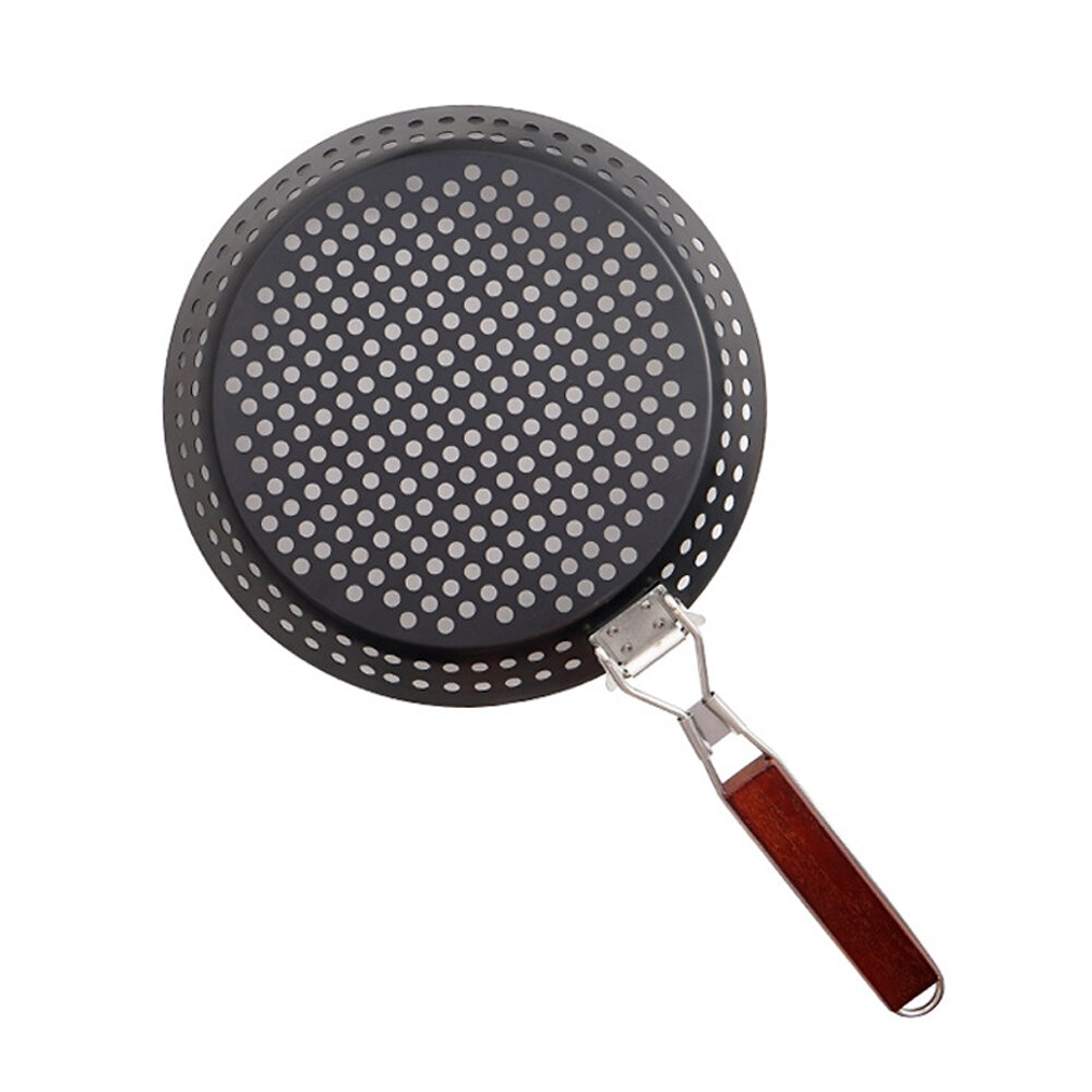 Outdoor Folding Round Barbecue Tray Ovenware Picnic BBQ Non-stick Frying Pan Round Baking Pan Holes Tray Plate Material iron+wood Color black Item size 530*305*35mm Item weight 608g Package size 360*310*50mm Package weight 620g Packing List 1*Holes