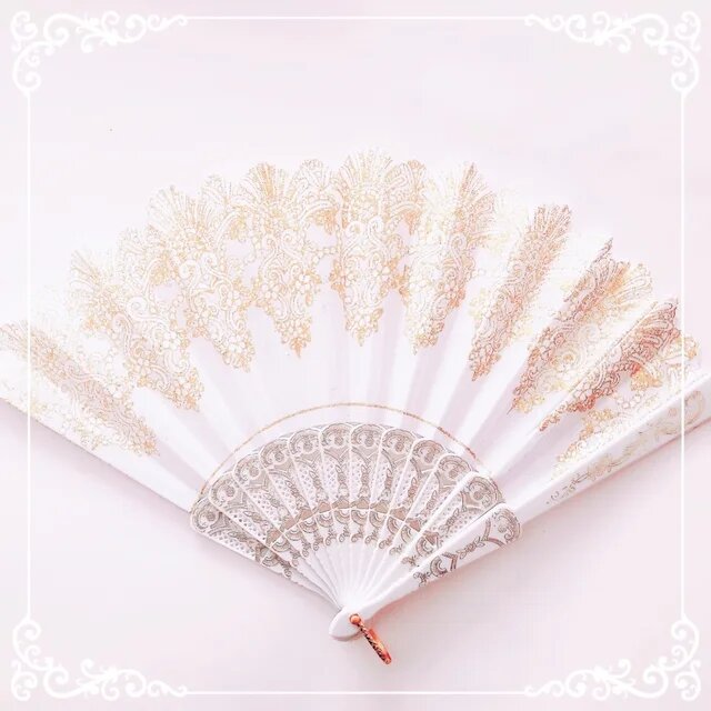 Кружевное платье в японском стиле Лолита, черное, белое, бронзовое, Золотое кружевное платье в стиле ретро, Лолита, веер для платья, складной веер