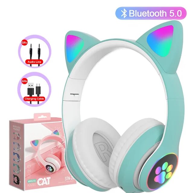 Милые наушники с кошачьими ушками, фонариком, стереозвуком Bluetooth 5.0, микрофоном, поддержкой TF-карт, беспроводные, для детей и девочек, отличный подарок на день рождения.