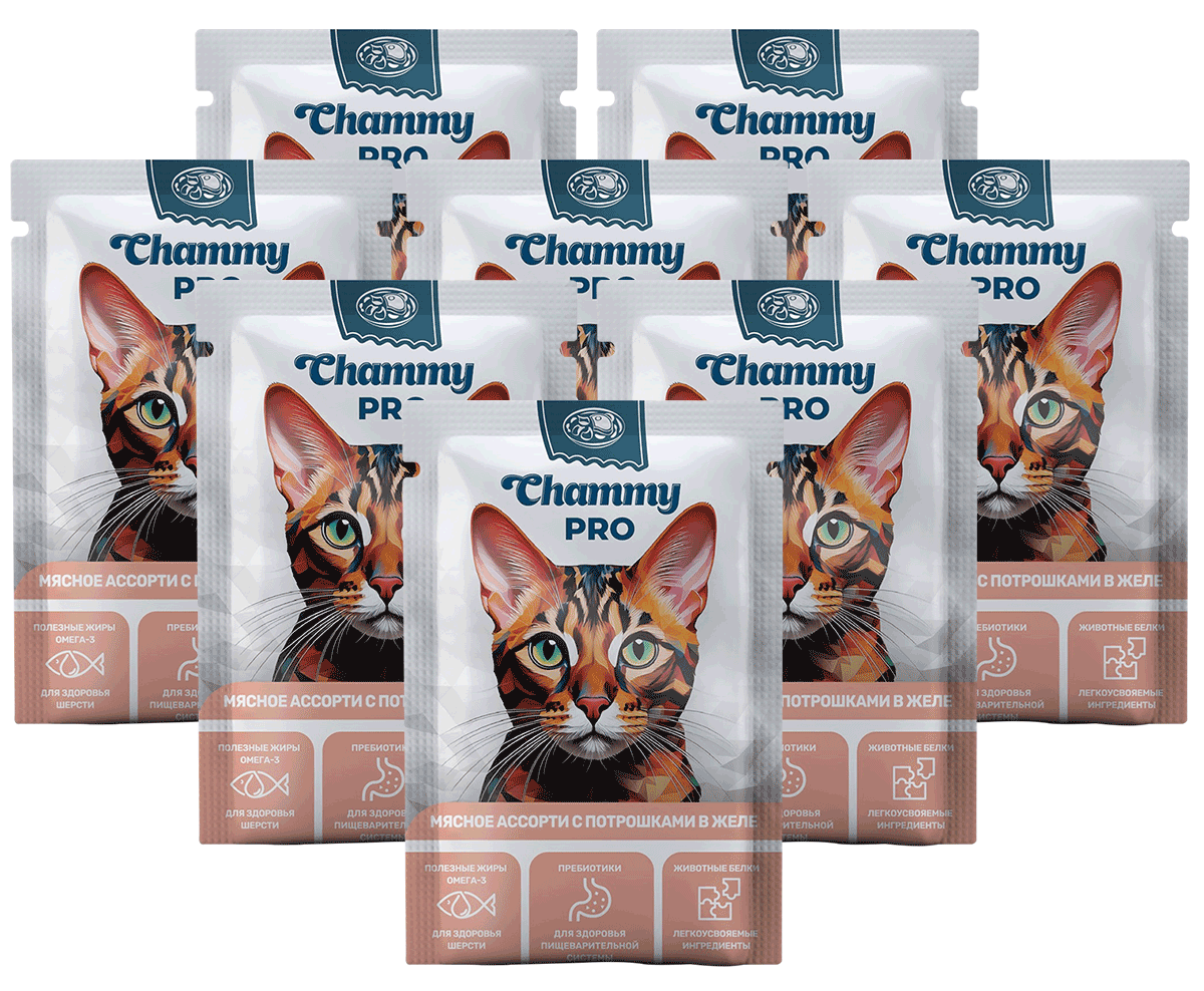 Влажный корм Chammy Pro для взрослых кошек, мясное ассорти потрошки в желе, 85 г х 8 шт