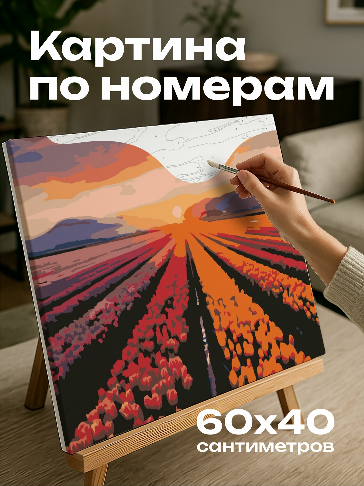 Картина по номерам 60x40 см, аэрофотосъемка, тюльпаны, поле, закат, разноцветные цветы, симметричные узоры, яркие цвета