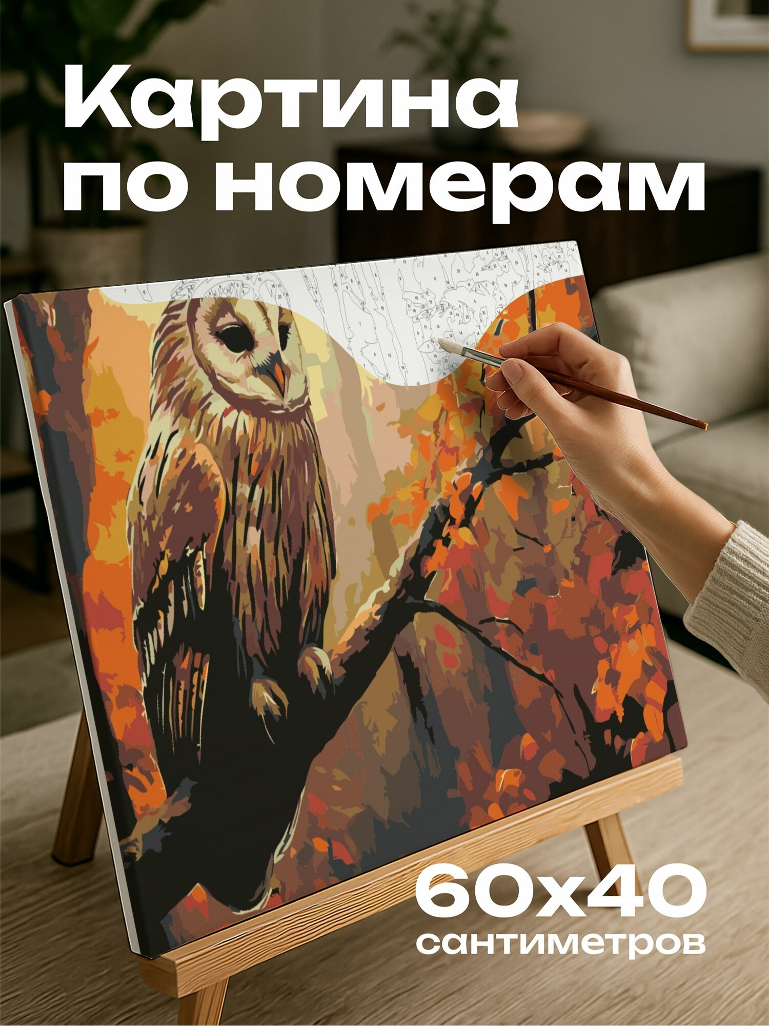 Картина по номерам 60x40 см, сова, лесное царство, масляная картина, осенние краски, мудрость, свет, деревья, природа