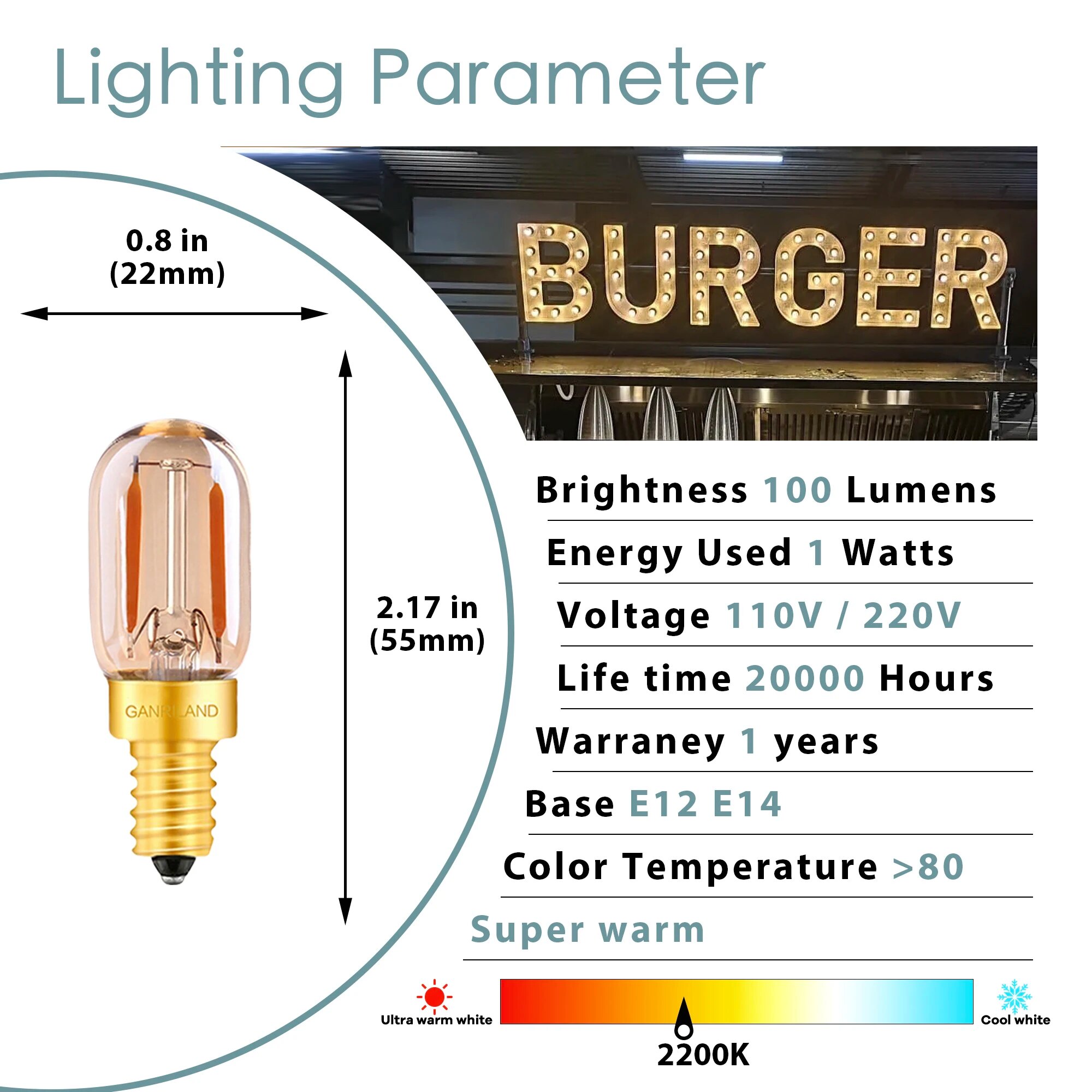 GANRILAND Светодиодная лампочка E14 золотистого цвета T22G 1W 2200K, E14 220V-240V