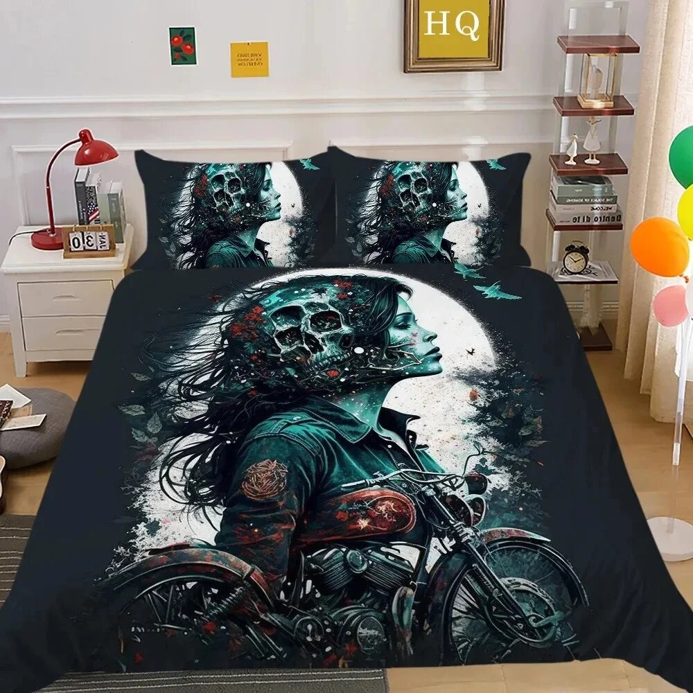 Комплект постельного белья "Череп на мотоцикле", темно-зеленый, 140x200cm, 2pcs