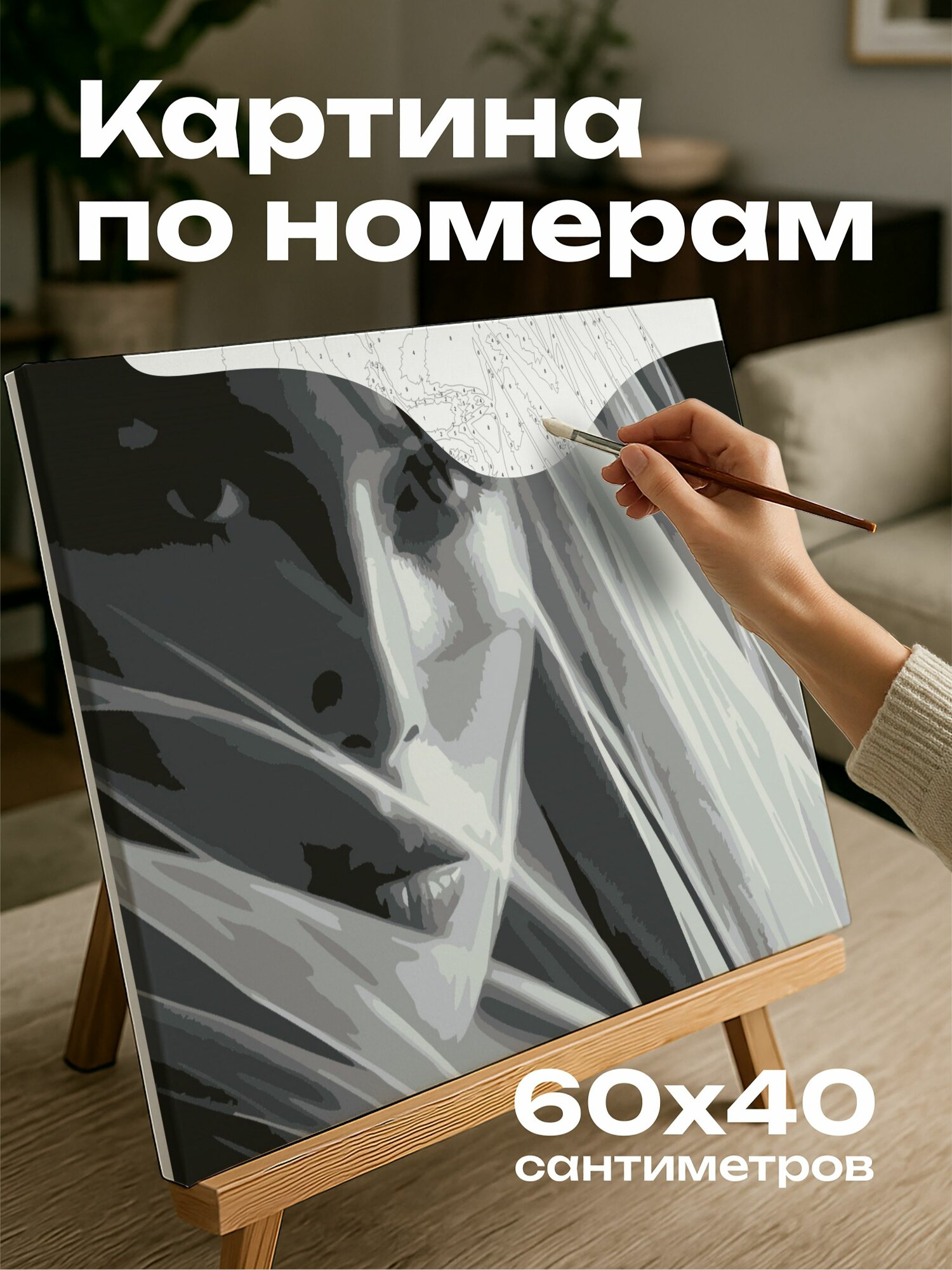 Картина по номерам 60x40 см, фотография, черно-белая, пара, водопад, контраст, силуэты, туман, сказочная атмосфера