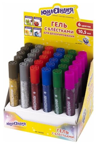 Гель с блестками юнландия, для декора, поделок, DIY, творчества, оформления, 10,5 мл, цвета ассорти, в дисплее, 662252 (Цена за 30 шт.)