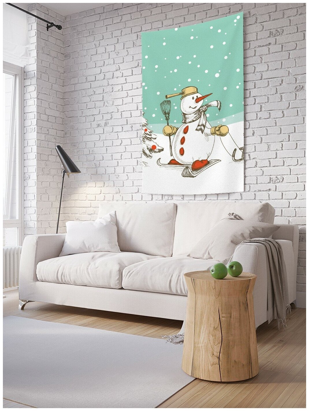 Фотопанно на стену вертикальный из ткани постер 100х150 "Снеговик на лыжах", JoyArty
