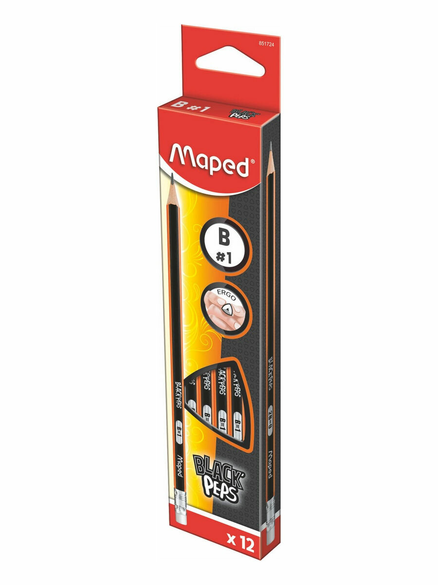 Набор карандашей MAPED BlackPeps B, с ластиком, треугольный, 12 шт