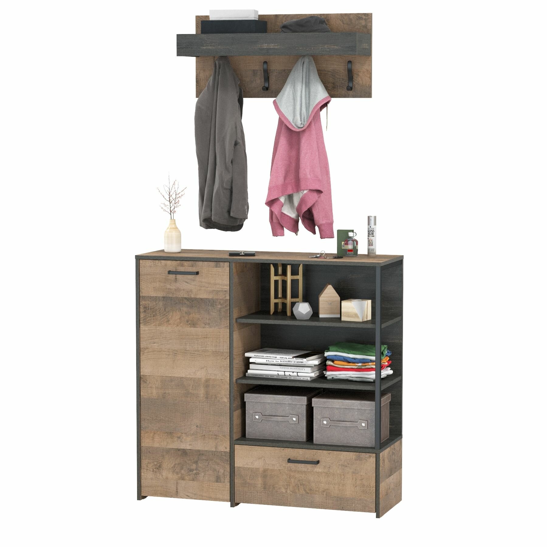 Комод с ящиком и дверкой с вешалкой для одежды Трувор, дуб гранж песочный/интра, 109х36,9х195 см