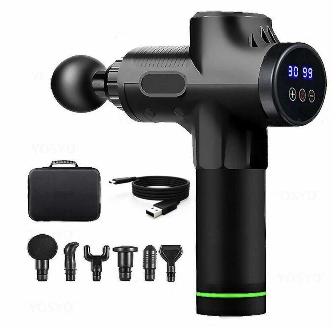 Перкуссионный массажер пистолет для шеи, ног, плеч, спины и тела/ вибрационный ударный электромассажер/ до 3 300 уд/мин, 6 насадок