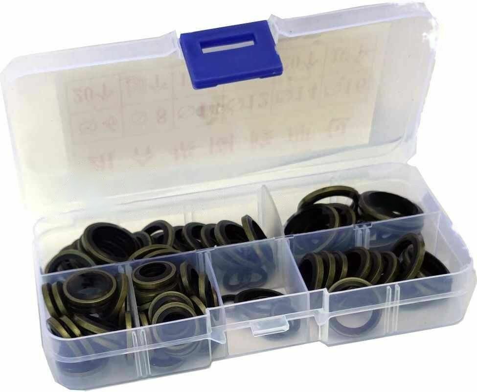 Набор резинометаллических составных шайб уплотнителей, 6 размеров, 100 шт.