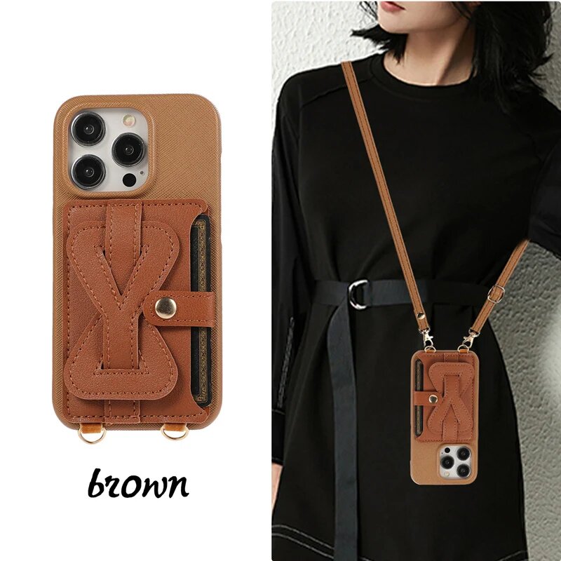 Чехол-кошелек с ремешком через плечо для iPhone 16, 16Pro Max, 14, 15 Pro, 13, 12, кожаный Карманный держатель для карт, наплечный ремень, задняя крышка для iPhone 15 Pro Max, Brown