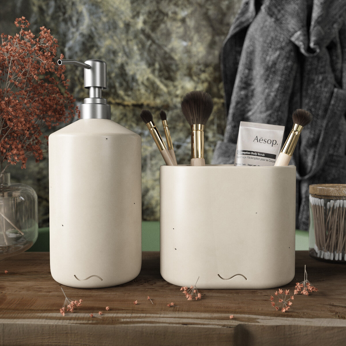 Набор для ванной Astrid 18 (дозатор для жидкого мыла 0,4 л, двойной стакан для зубных щёток) бетон, кремовый глянцевый