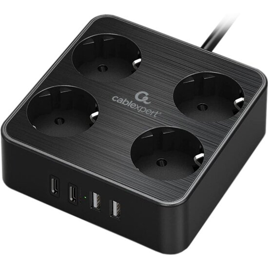 Сетевой фильтр Cablexpert Plate 4 розетки, 10А, 2xType-C PD, 20Вт, 2xUSB, 2м, черный, коробка (PLT-4-C2U2-B-2)