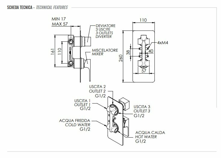 Смеситель для душа встроенный на 3 положения REMER ABSOLUTE AU932CR хром