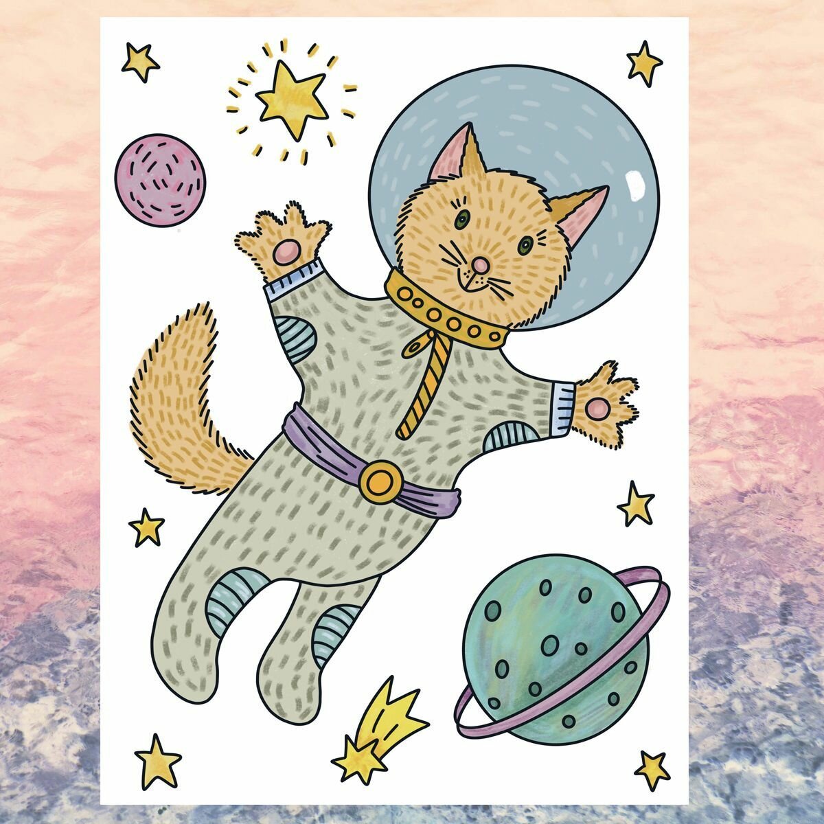 Открытка Кот космонавт. Открытка с котом поздравительная с конвертом