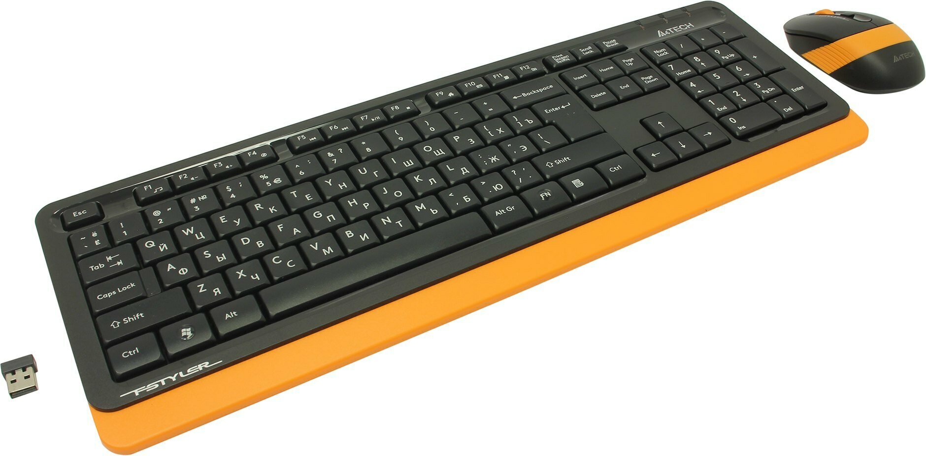 Комплект A4Tech "Fstyler" FG1010, беспроводная клавиатура и мышь, влагозащита, чёрный/оранжевый