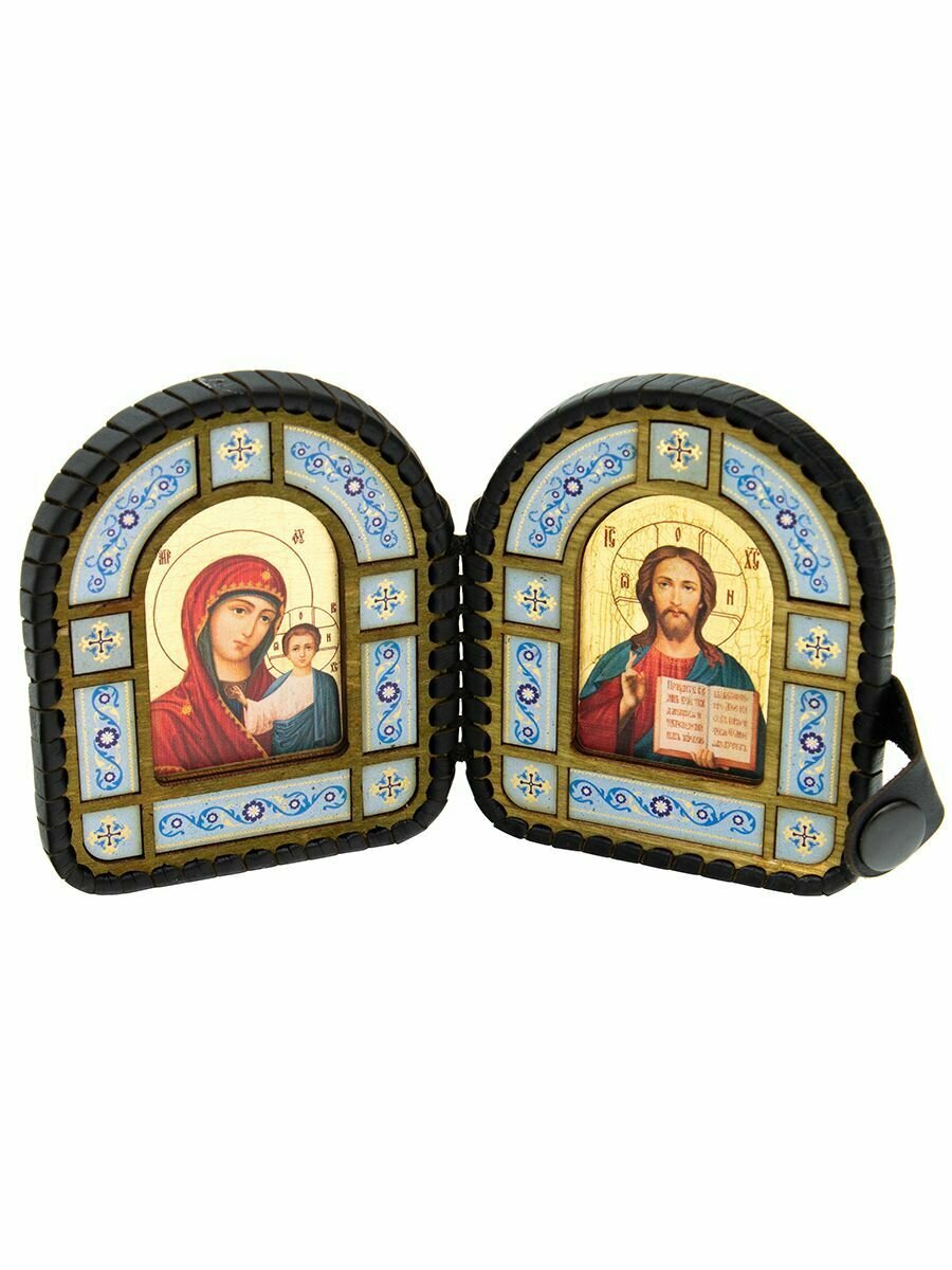 Складень кожаный Богородица Казанская - Спаситель, 7х8,5см.