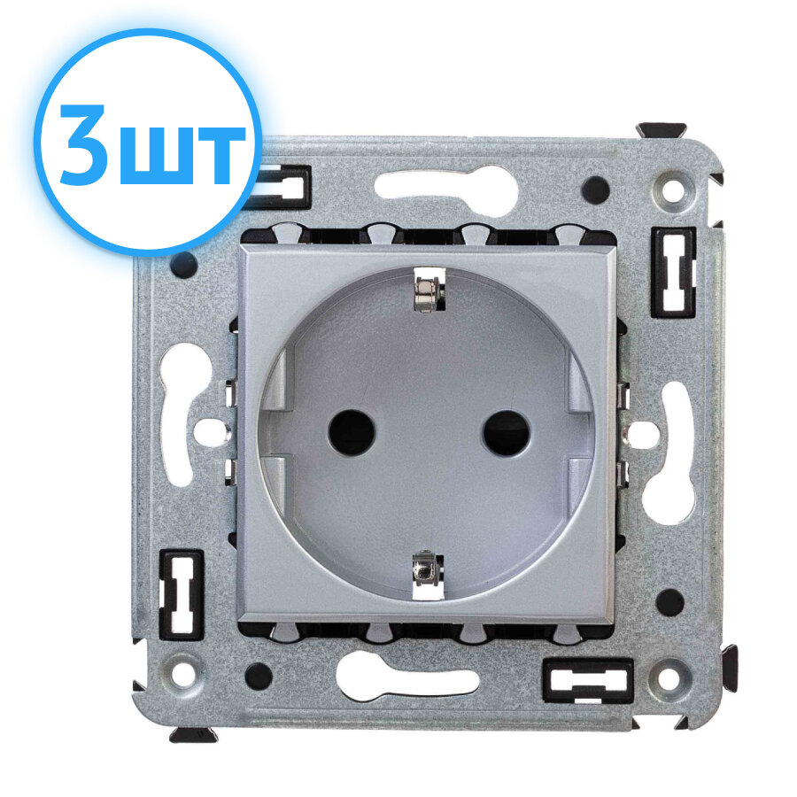 Механизм розетки DKC Avanti 2P+E с заземлением и шторками "Закаленная сталь" 4404003 (комплект из 3шт.)