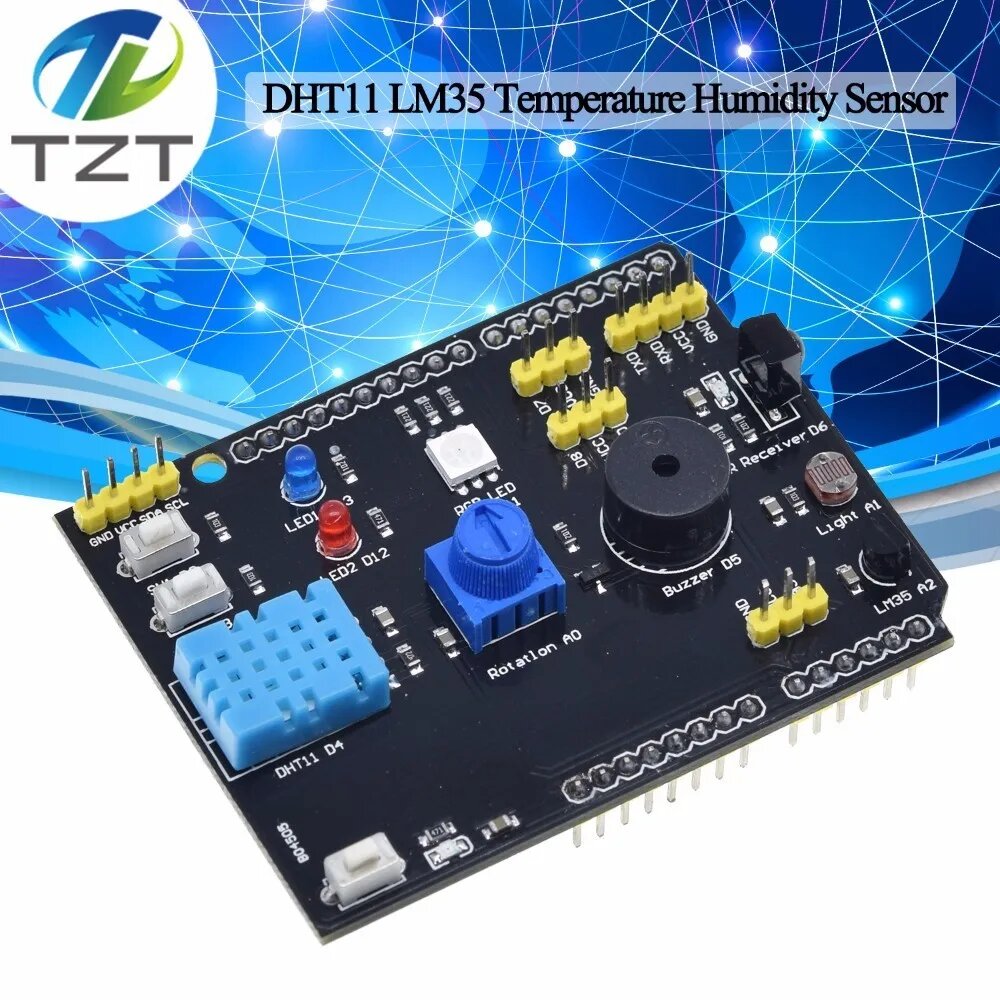 DHT11 LM35 датчик температуры и влажности, многофункциональная плата расширения, адаптер для Arduino UNO R3 RGB светодиодный ИК-приемник, зуммер I2C