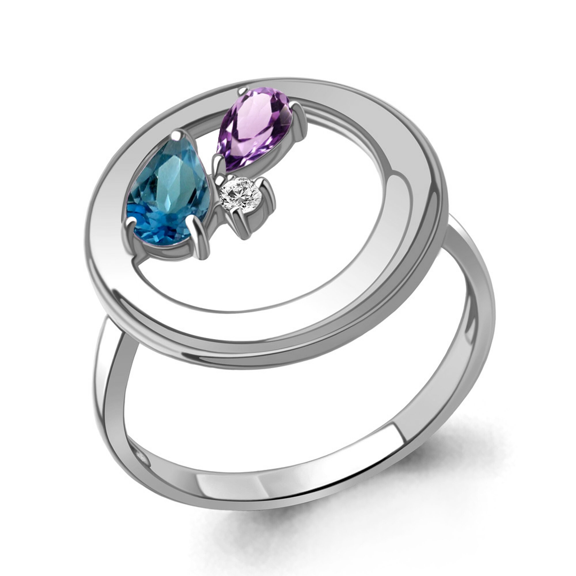 Кольцо, серебро, 925 проба, родирование, аметист, фианит, Лондон топаз