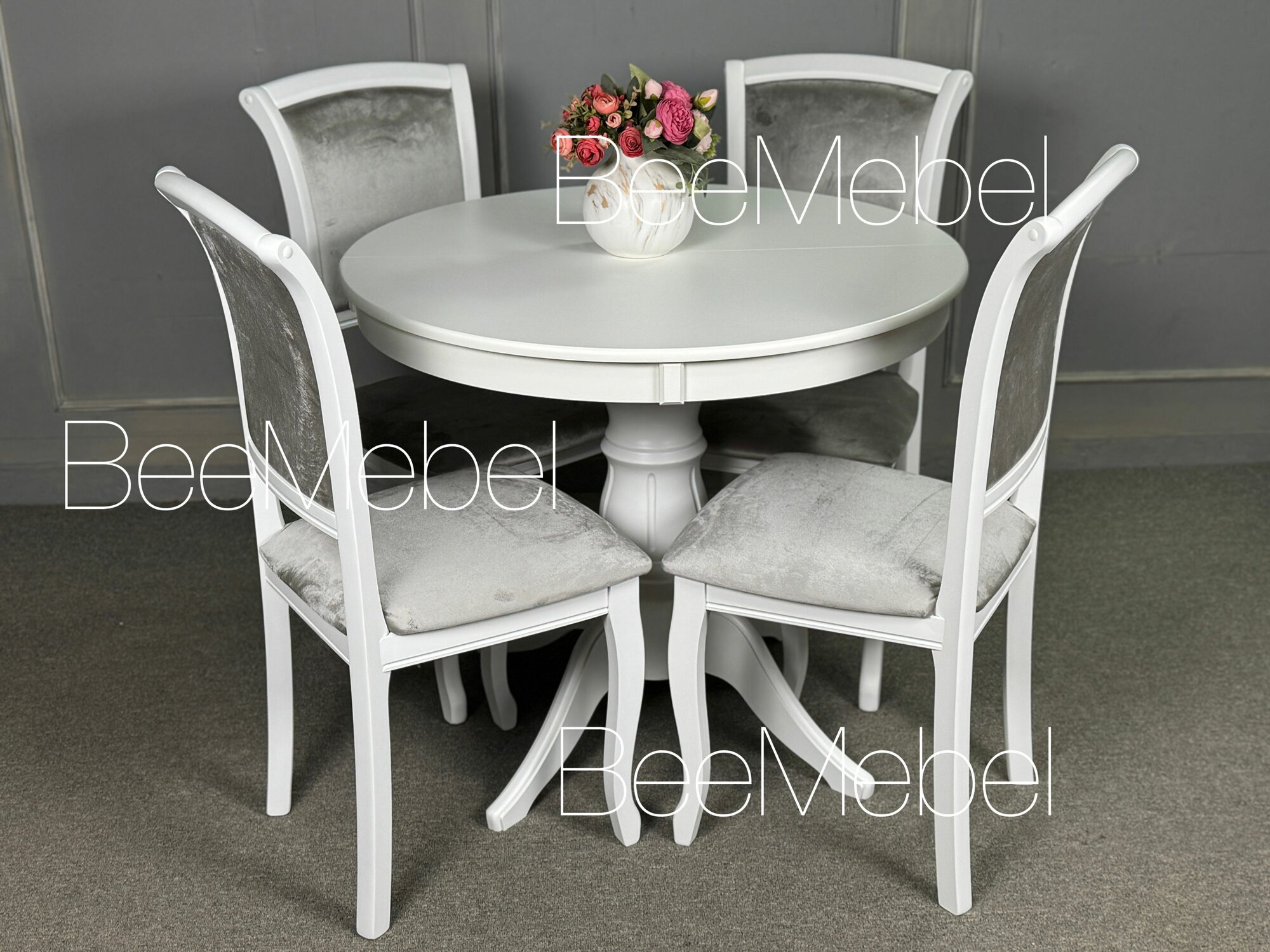 Обеденная группа, стол раздвижной круглый 80 см и 4 стула, белый