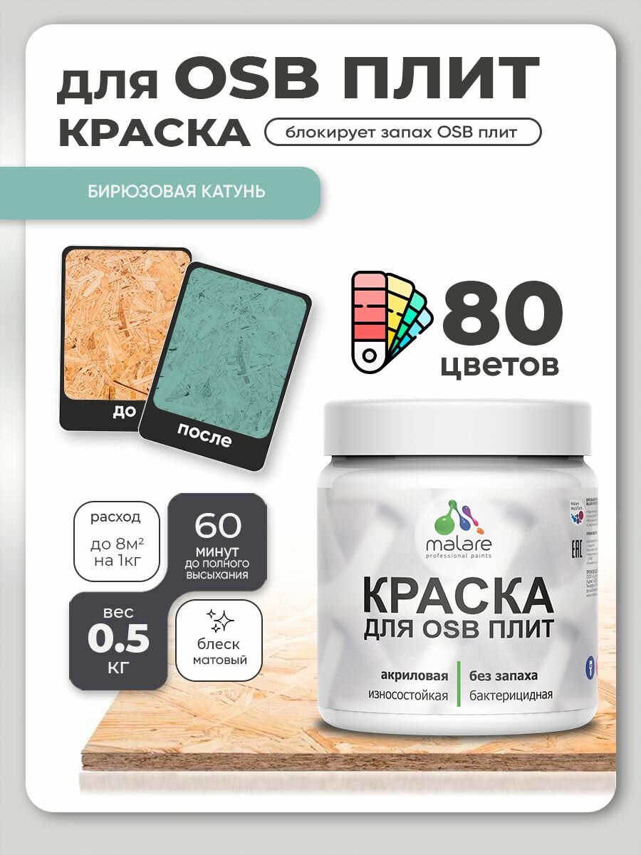 Акриловая краска для ОСБ плит Malare для дерева для наружных и внутренних работ, быстросохнущая без запаха матовая, бирюзовая катунь, 0.5 кг