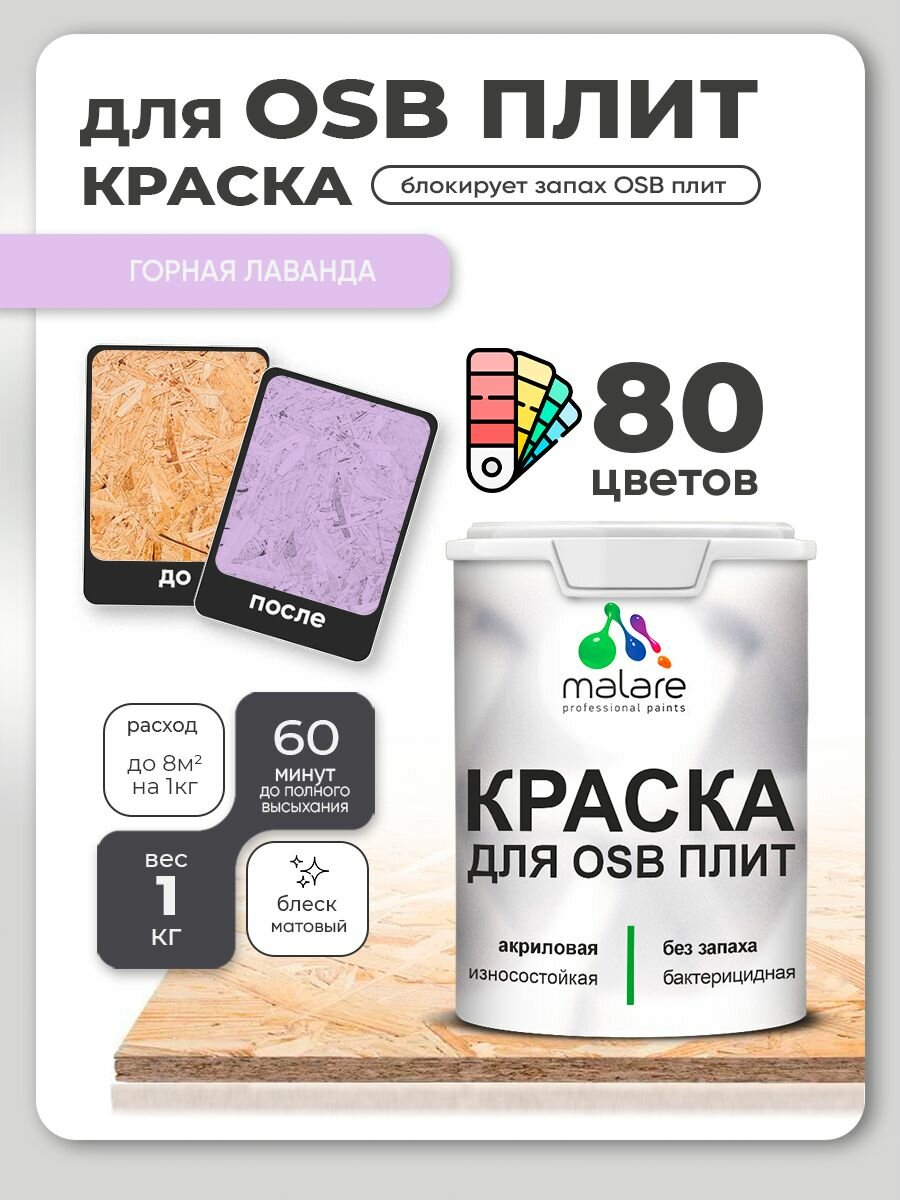 Акриловая краска для ОСБ плит Malare для дерева для наружных и внутренних работ, быстросохнущая без запаха матовая, горная лаванда, 1 кг