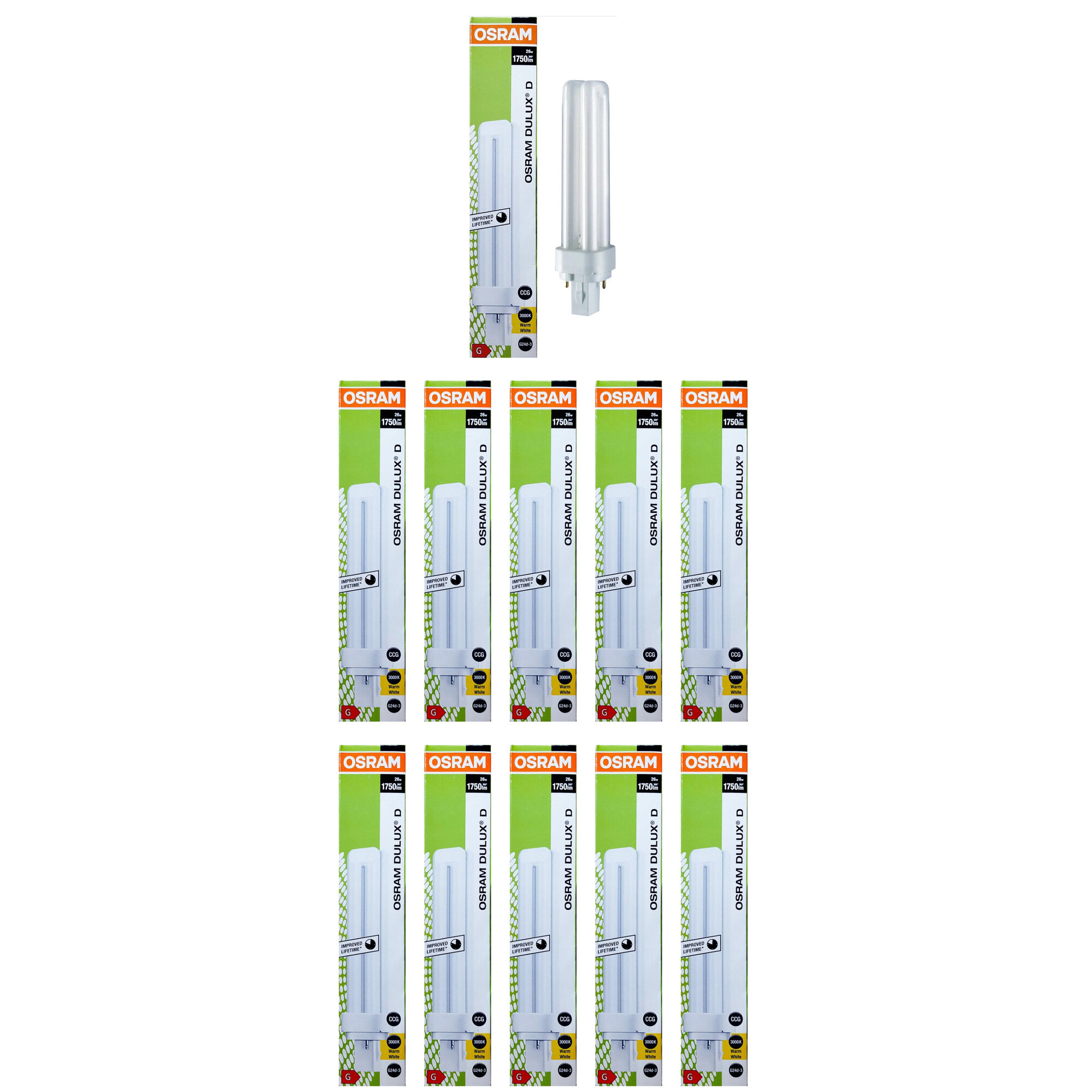 10шт/уп. Лампа Люминесцентная Dulux 26Вт 220V G24d-3 CFL D 1750Лм 3000К D-11mm L-172mm Энергосберегающая Свет Теплый белый OSRAM, уп. 10шт