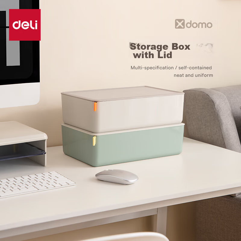 Deli Xdomo Series Storage Box with Lid, Office Desk Makeup Organizer with Silicone Clasp, Green Medium Size XDM12