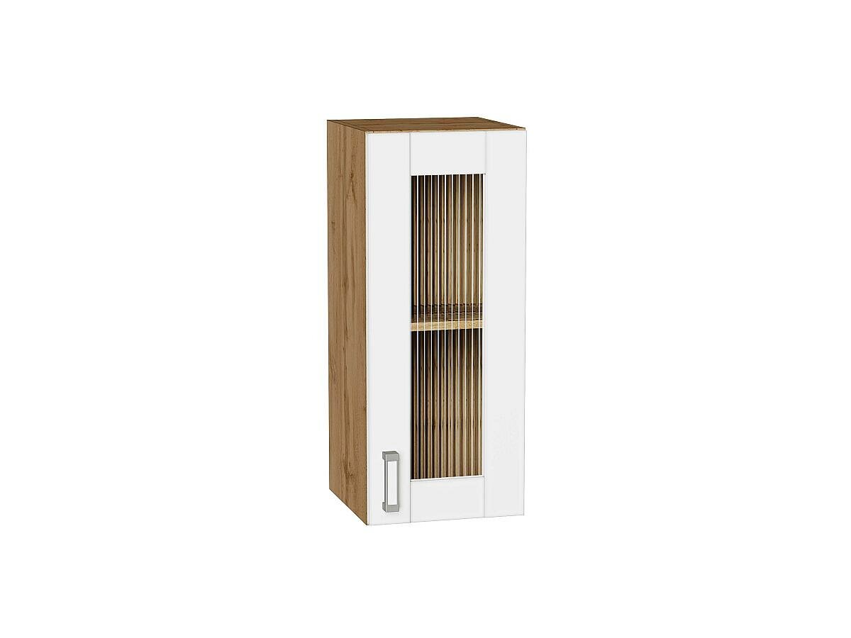 Шкаф верхний с 1-ой остекленной дверцей Лофт, цвет фасада White Silk, цвет каркаса Дуб Вотан, стекло Magic Moru V, 716*300*320 мм