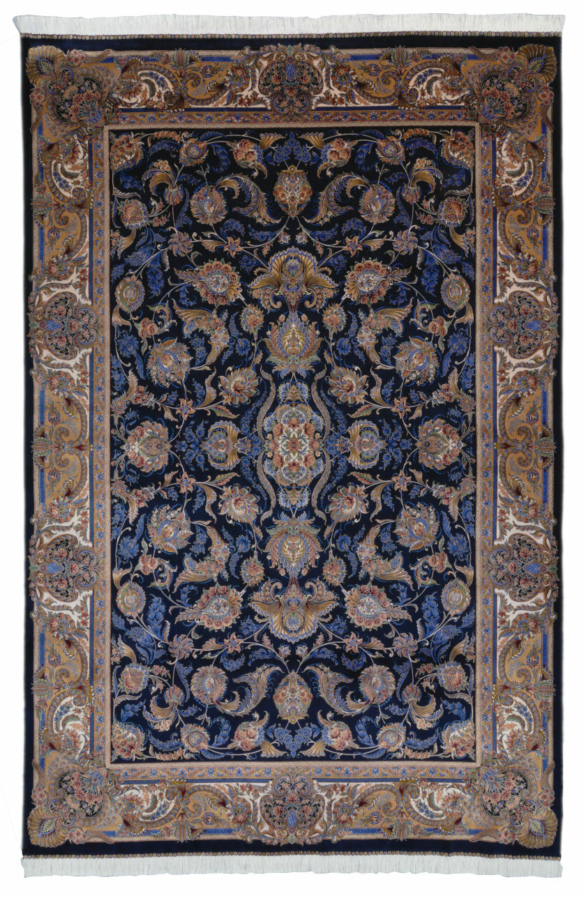 Иранский шелковый ковер 150x225 см для комнаты на пол, темно-синий