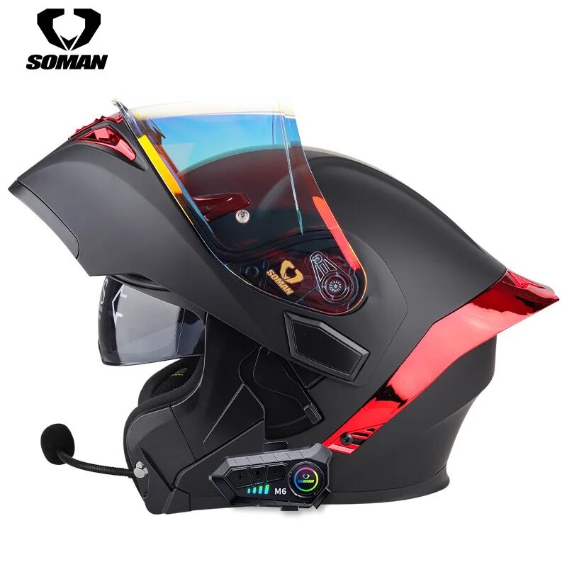 SOMAN откидные мотоциклетные шлемы анфас DOT мотоциклетный шлем двойной Черный, XL, black RED