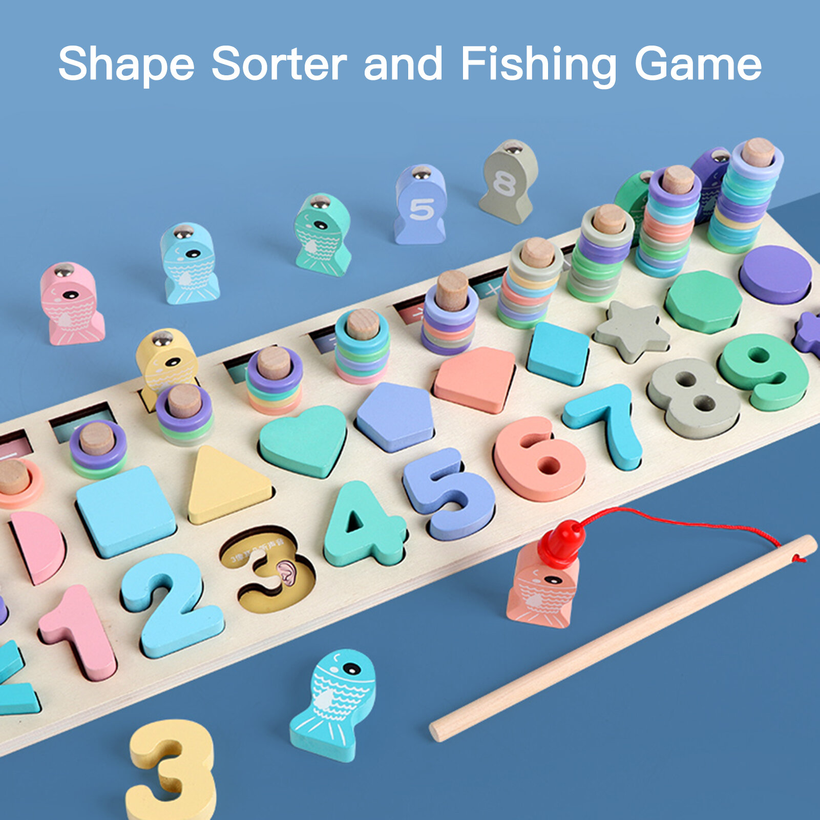 5-в-1 Деревянный Пазл Логарифмическая Доска Сортер Форм Счетная Игра Магнитная Рыбацкая Игра Монтессори Игра Для Детей Малышей Детского сада Образование, Материал: Дерево, Размер: 44.5*14.5*6.5см, Вес: 500г, Пакет: 1*Логарифмическая Доска