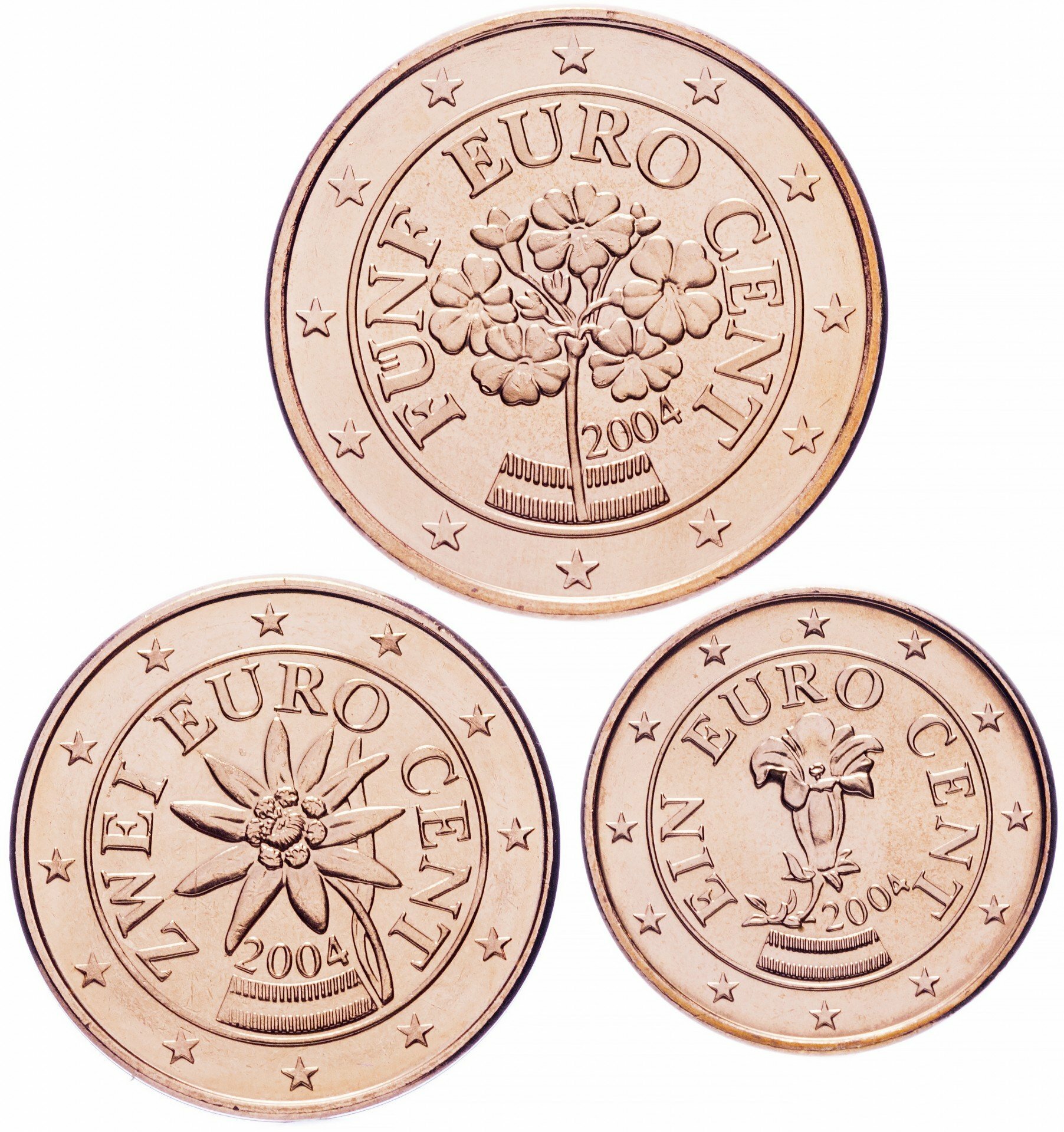 Австрия набор монет от 1 до 5 евро центов 2004 3 штуки, Сталь, в сохранности UNC