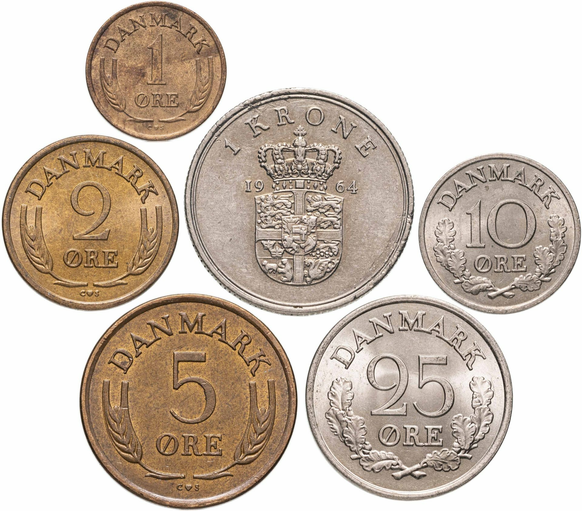 Дания набор монет 1-25 эре и 1 крона 1964 6 шт , Бронза, Мельхиор, в сохранности VF-XF