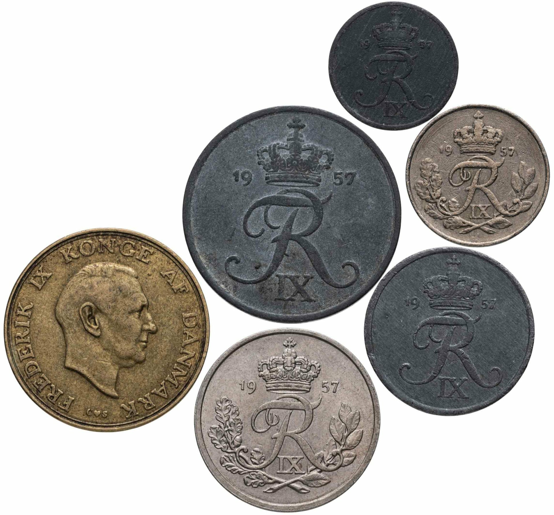 Дания годовой набор монет для обращения 1957 6 шт , Цинк, Мельхиор, Алюминиевая бронза, в сохранности VF-XF