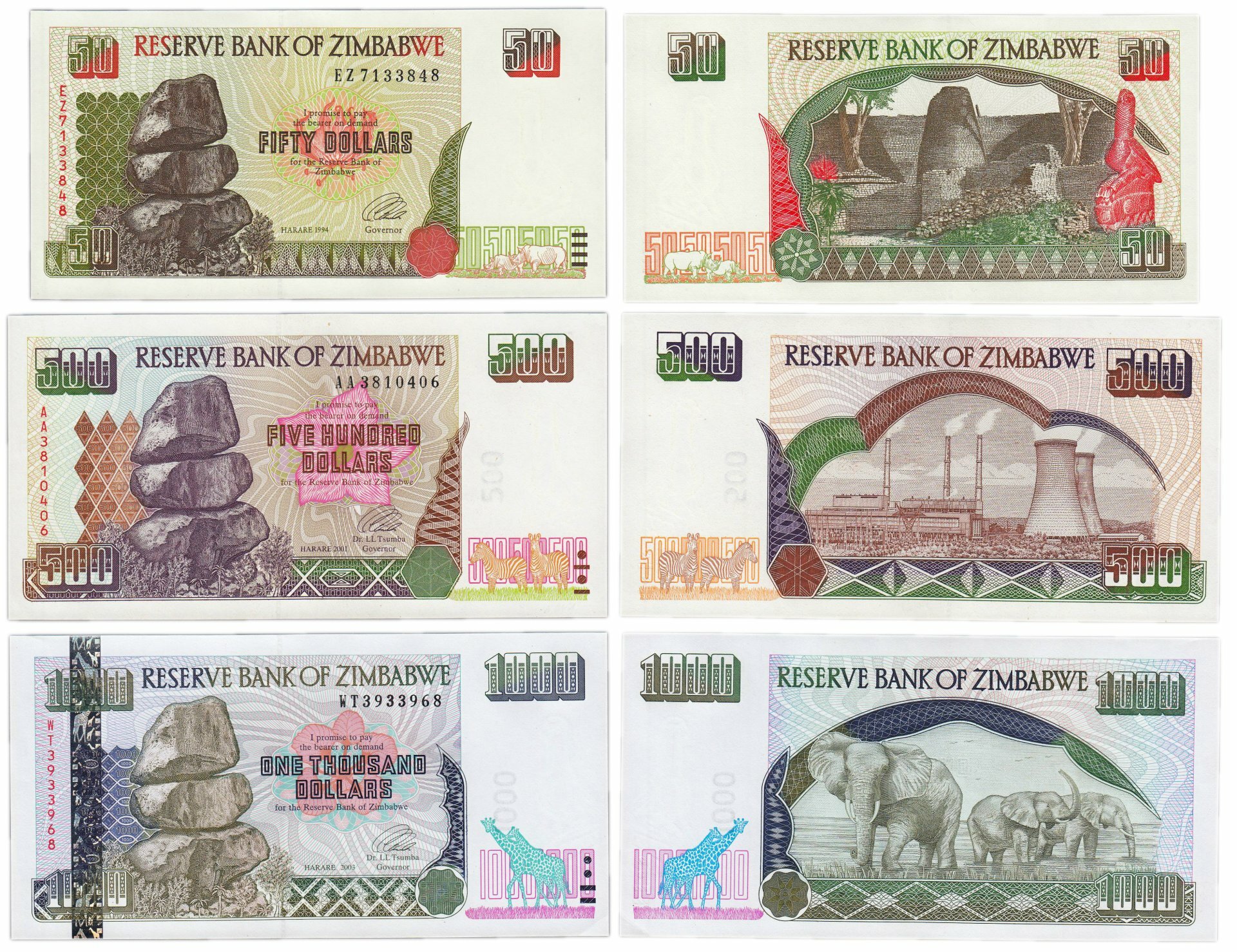 Зимбабве набор из 3 банкнот 50, 500, 1000 долларов 1994-2003