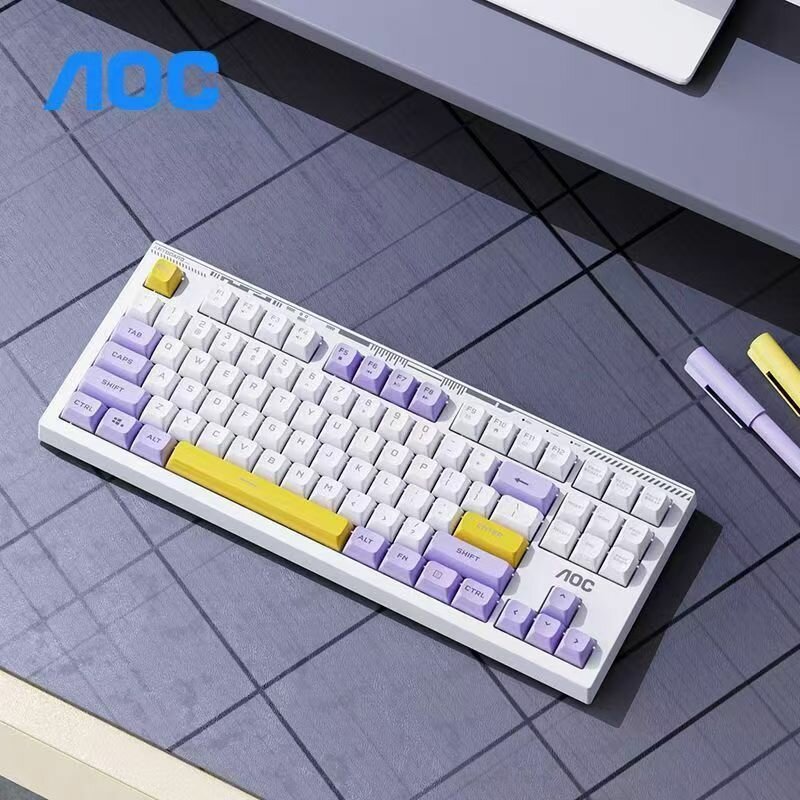 AOC GK168 87-клавишная проводная механическая игровая клавиатура с тихими переключателями - пурпурно-бело-желтый для