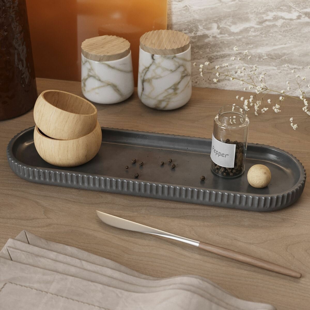 Поднос декоративный кухонный Chloe M, 36x11 см, бетон, графитовый глянцевый