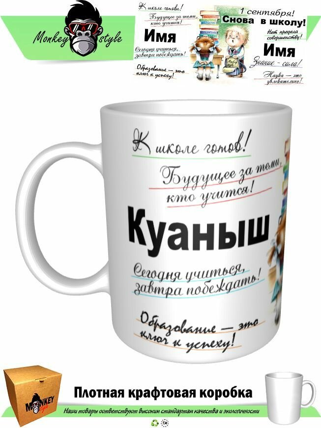 Кружка принтом «Куаныш. К школе готов!», 330 мл, белая кружка Премиум качества, авторский принт